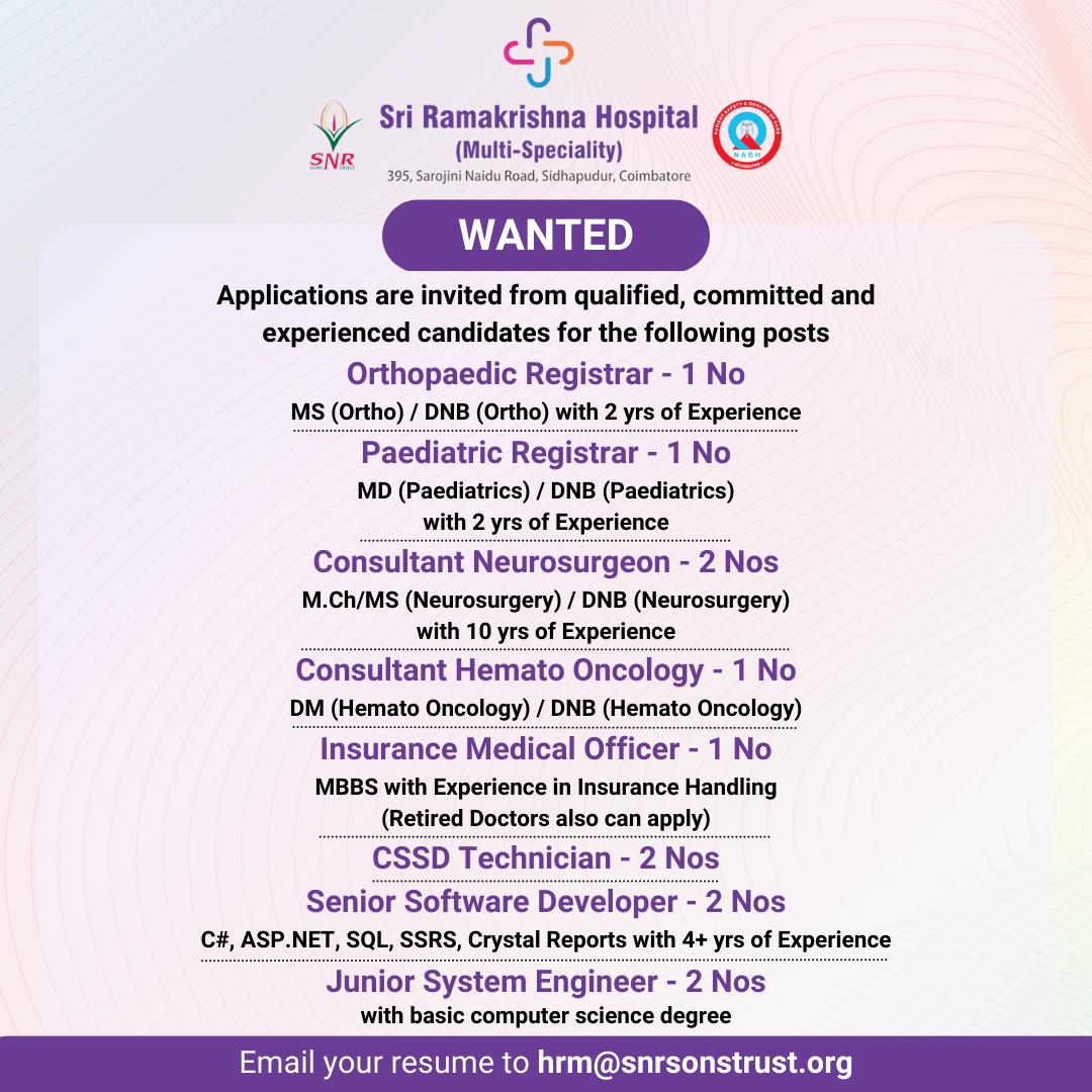 Careers | Health Professionals - Join Sri Ramakrishna Hospital