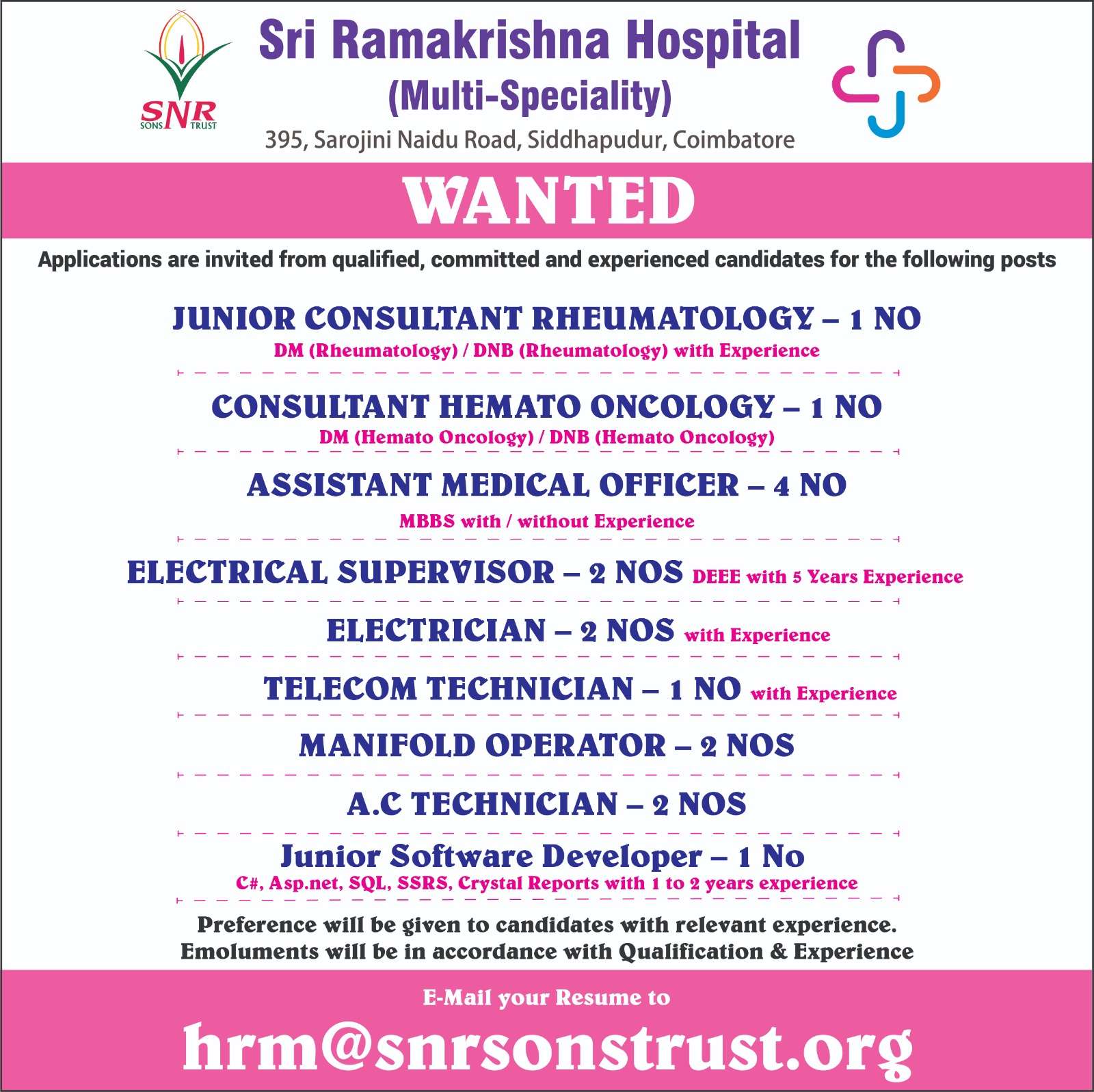 Careers | Health Professionals - Join Sri Ramakrishna Hospital