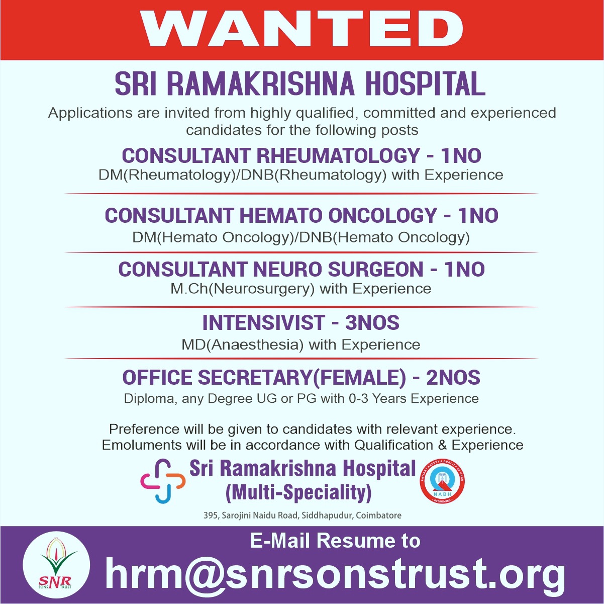 Careers | Health Professionals - Join Sri Ramakrishna Hospital